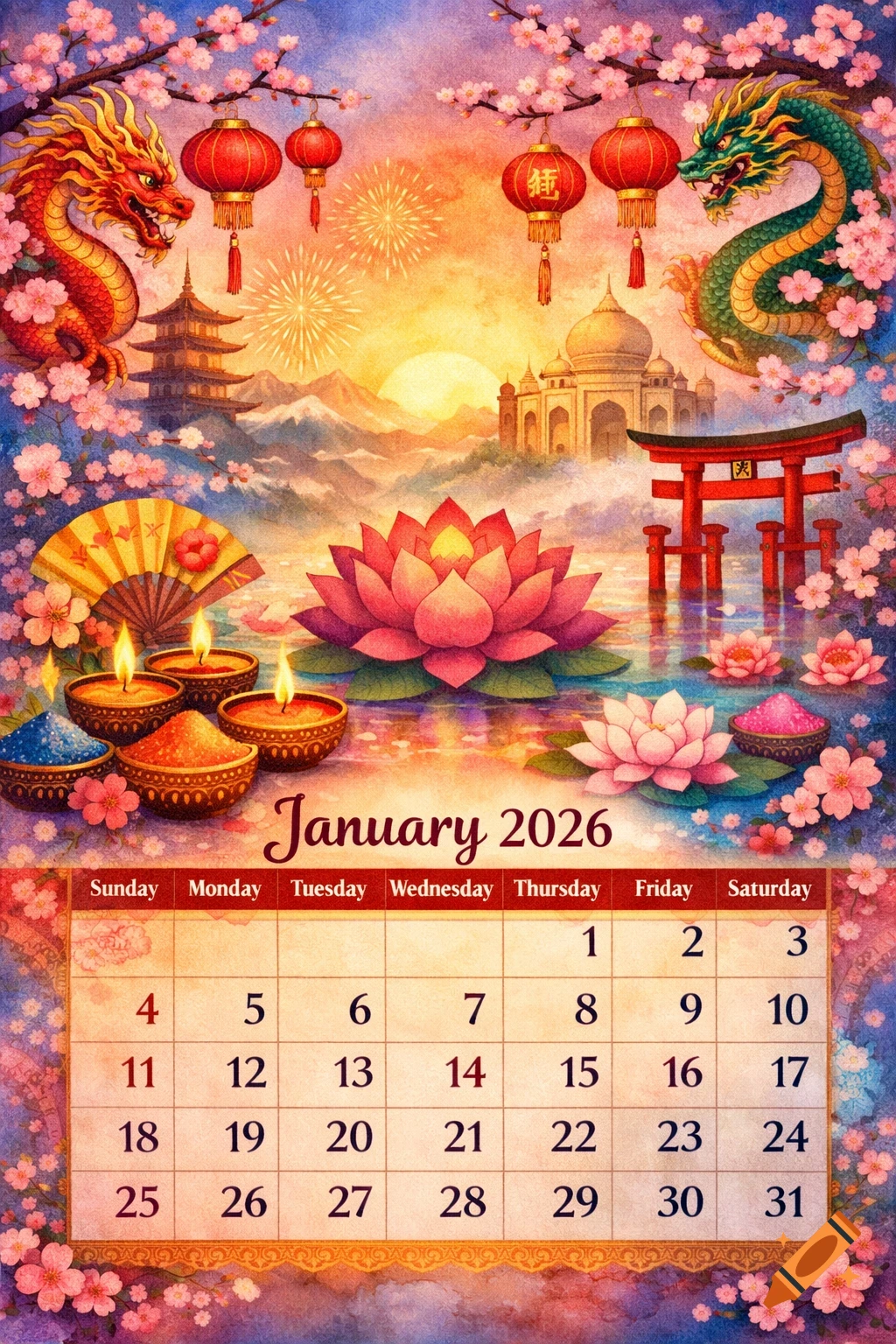A vibrant watercolor calendar page for January 2026, featuring a ...