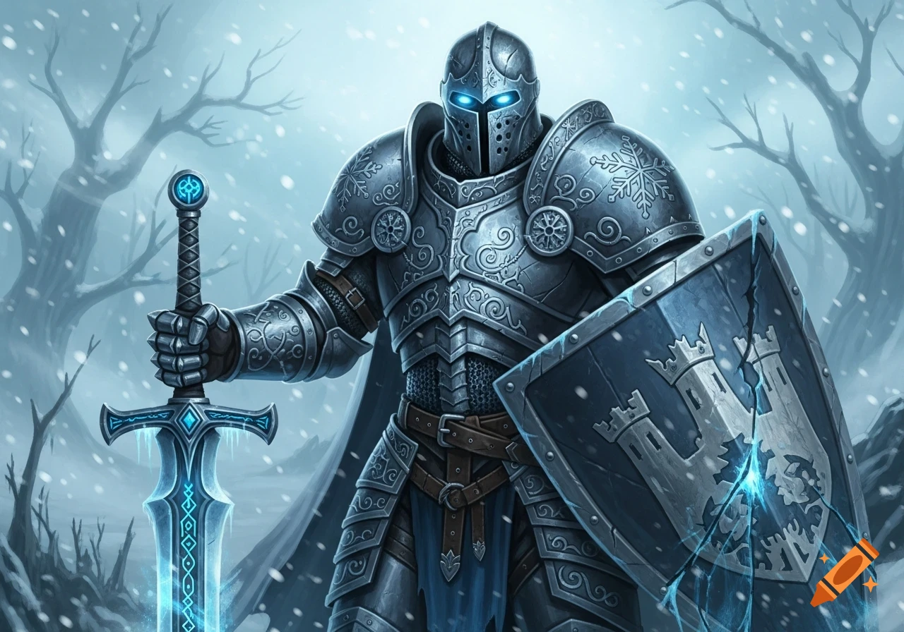 An undead winter knight in ornate icy armor, holding a glowing blue ...
