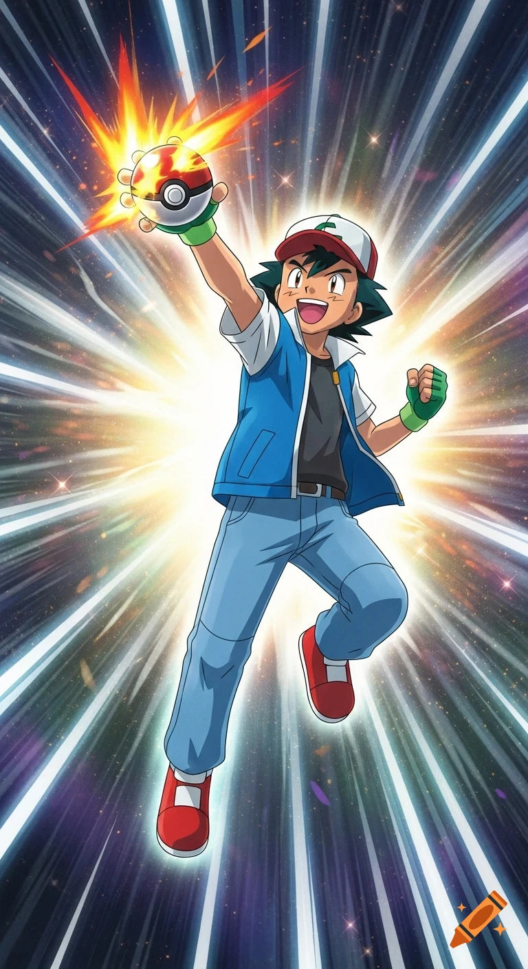 Ash Ketchum throws an explosive Poké Ball mid-air against a vibrant ...