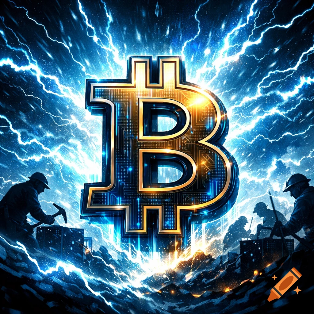 A stylized, glowing Bitcoin 'B' symbol, with circuit board patterns ...