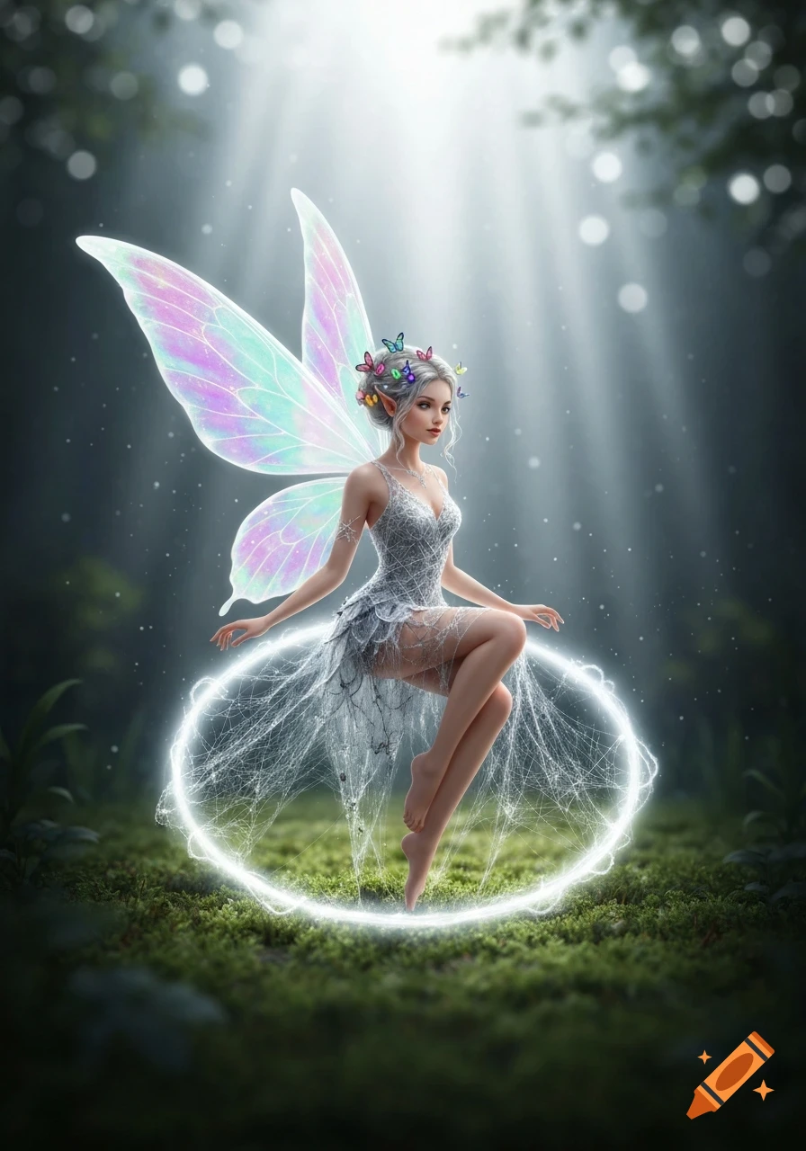 A radiant fairy with iridescent wings and a butterfly crown sits within ...
