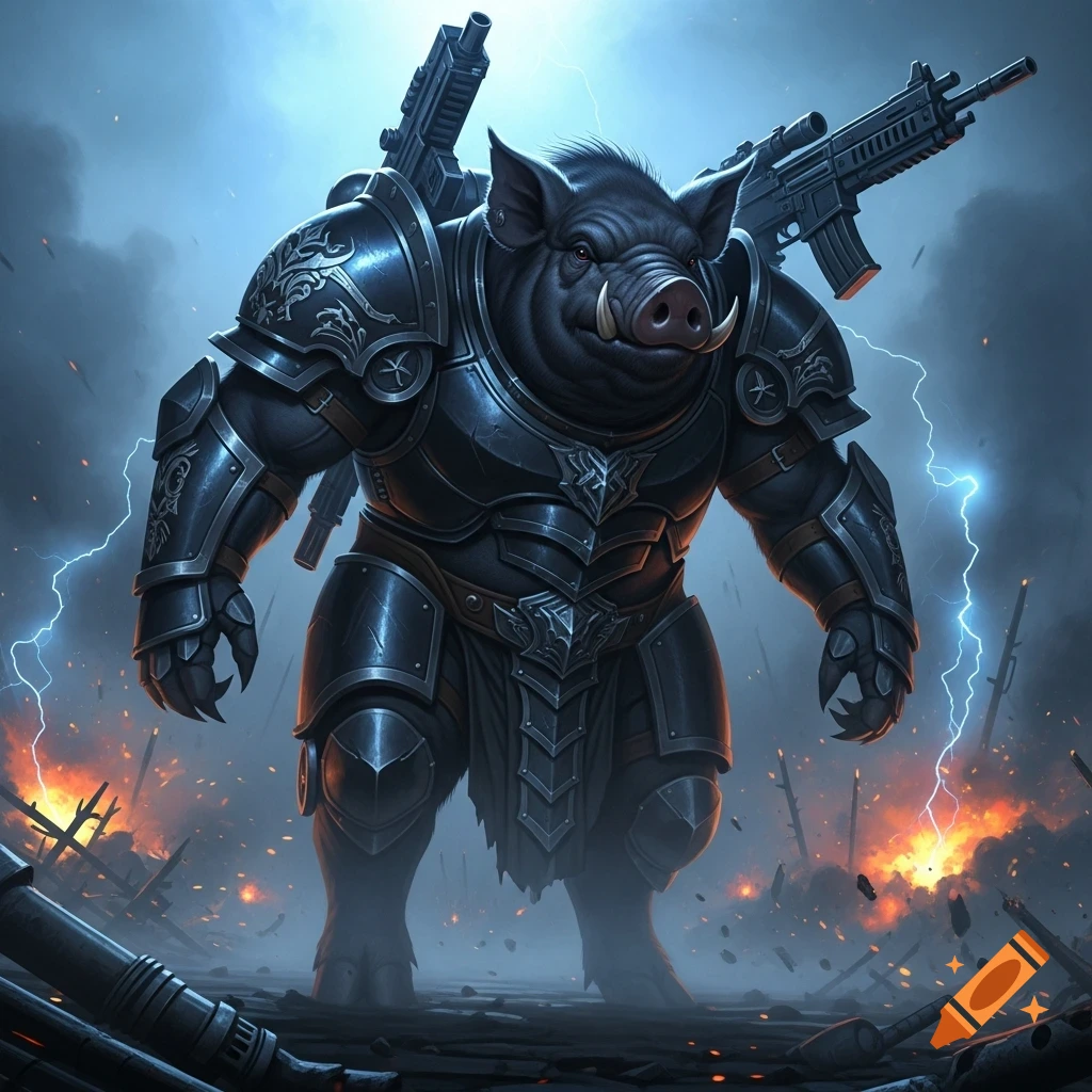 A heavily armored black pig-like warrior with tusks and rifles on its ...