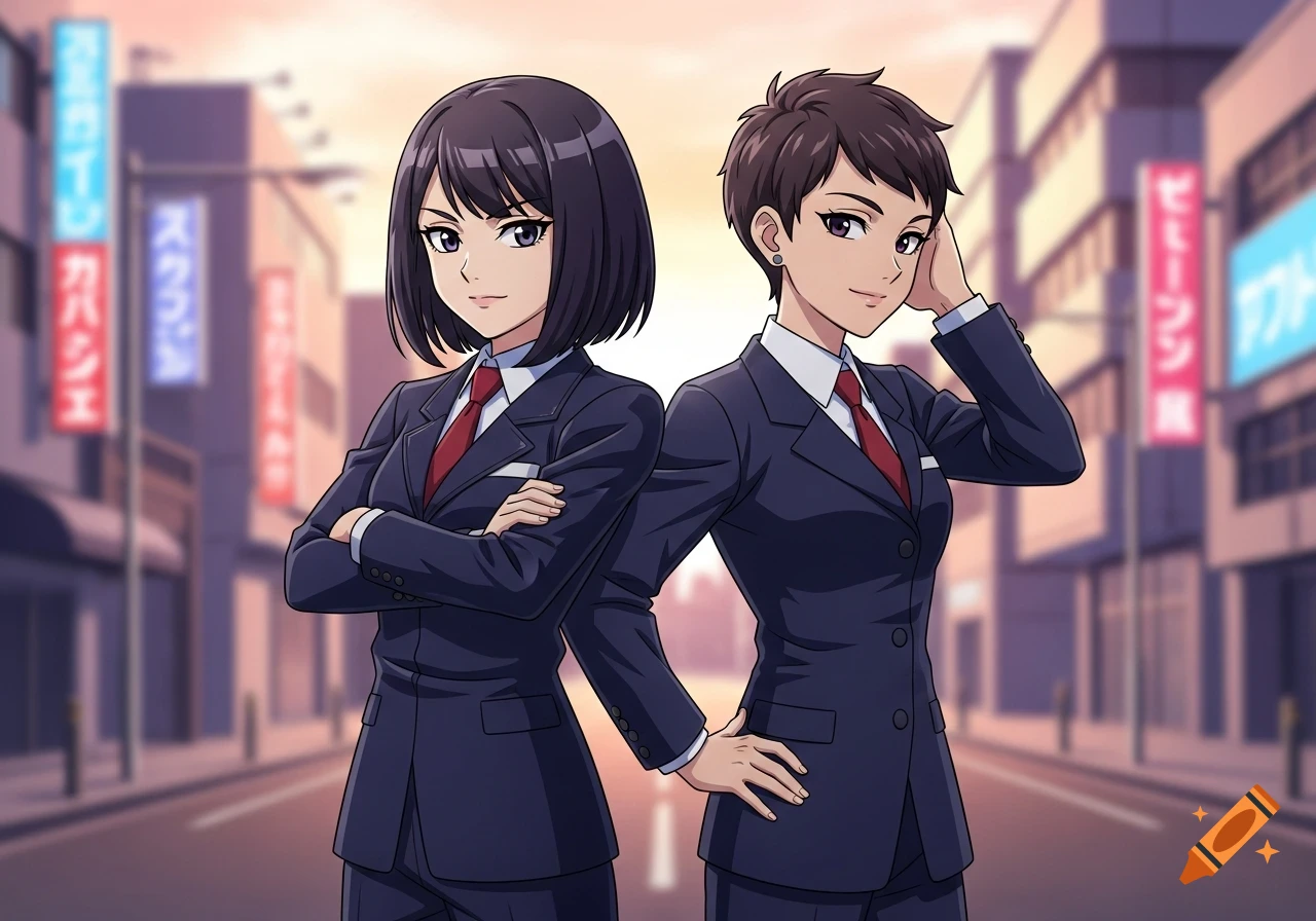 Two anime women in dark suits and red ties pose confidently back-to ...