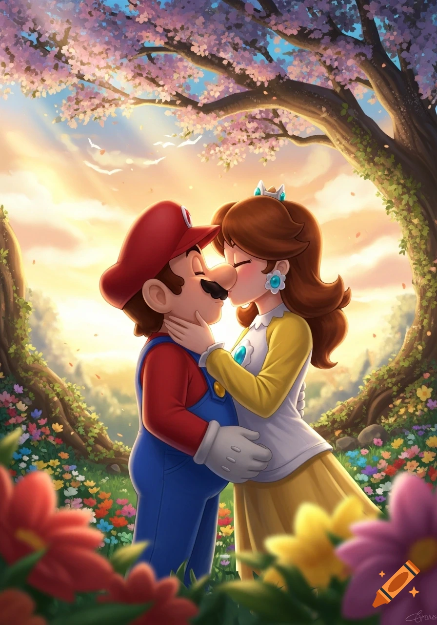 Mario and Princess Daisy kiss under a blooming cherry tree in a vibrant ...