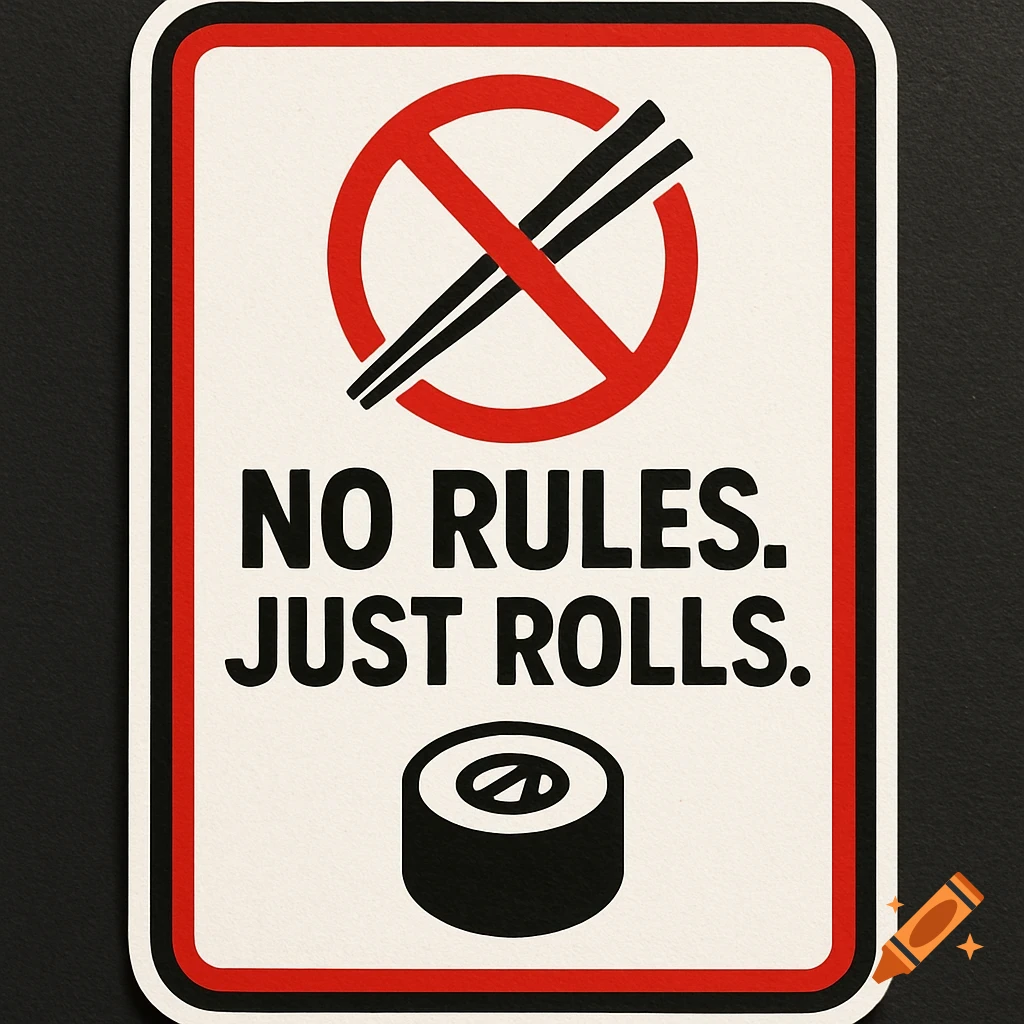 A white rectangular sign with a red border reads "NO RULES. JUST ROLLS ...