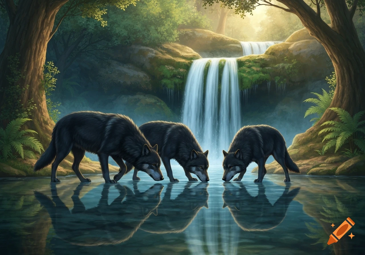 Three black wolves drink from a clear pond in a lush forest with a ...