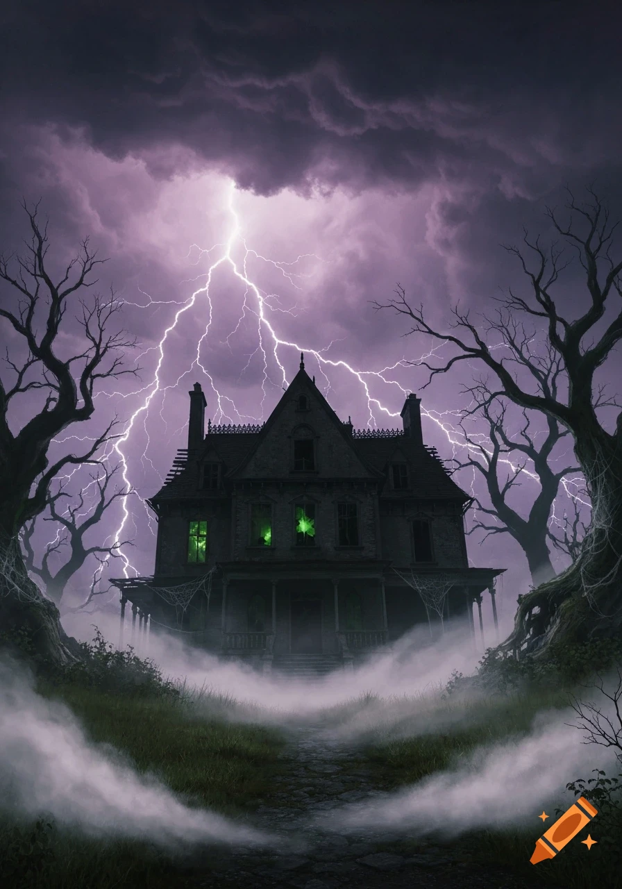 A dark, spooky haunted house with glowing green windows, twisted trees ...