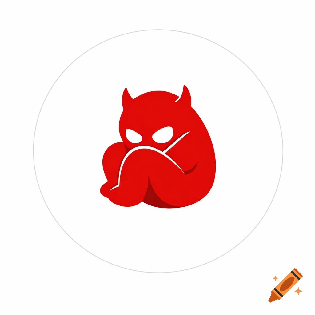 Minimalist red devil figure curled up inside a white circle on a white ...