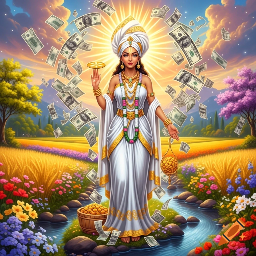 Digital painting of the goddess Aje in white, surrounded by falling ...