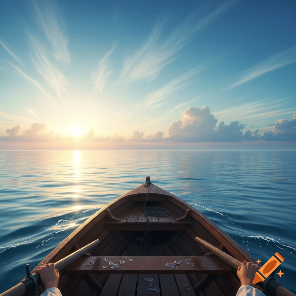 First-person view from a wooden rowboat on calm water, rowing towards a ...