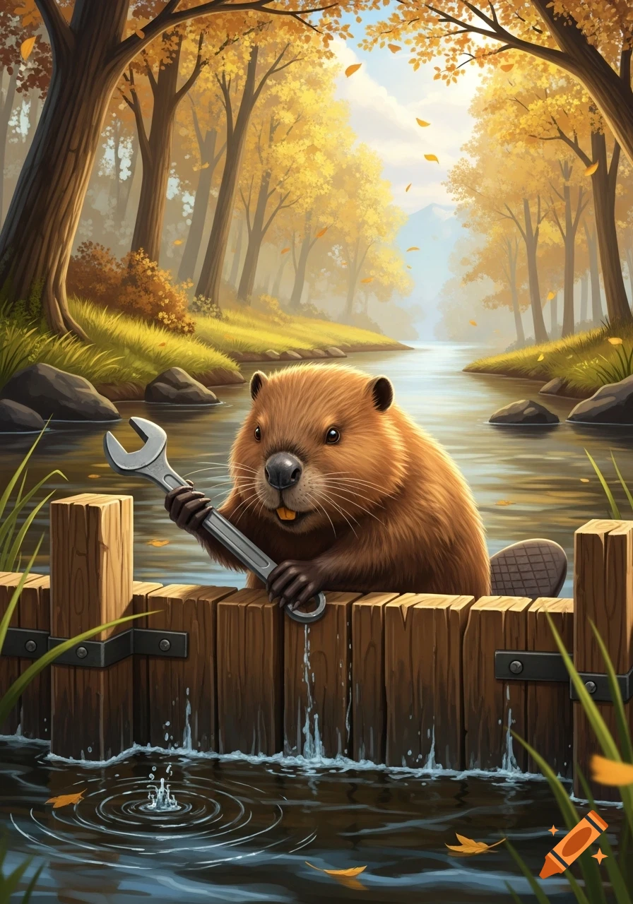 A cute cartoon beaver with buck teeth holds a wrench, peeking over a ...