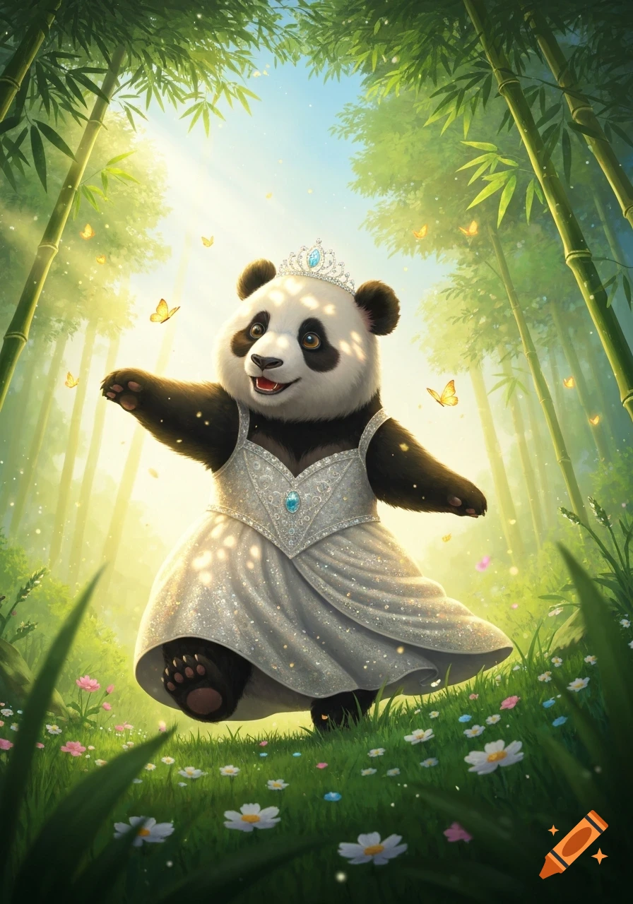 A happy panda princess in a sparkling dress and tiara stands in a ...