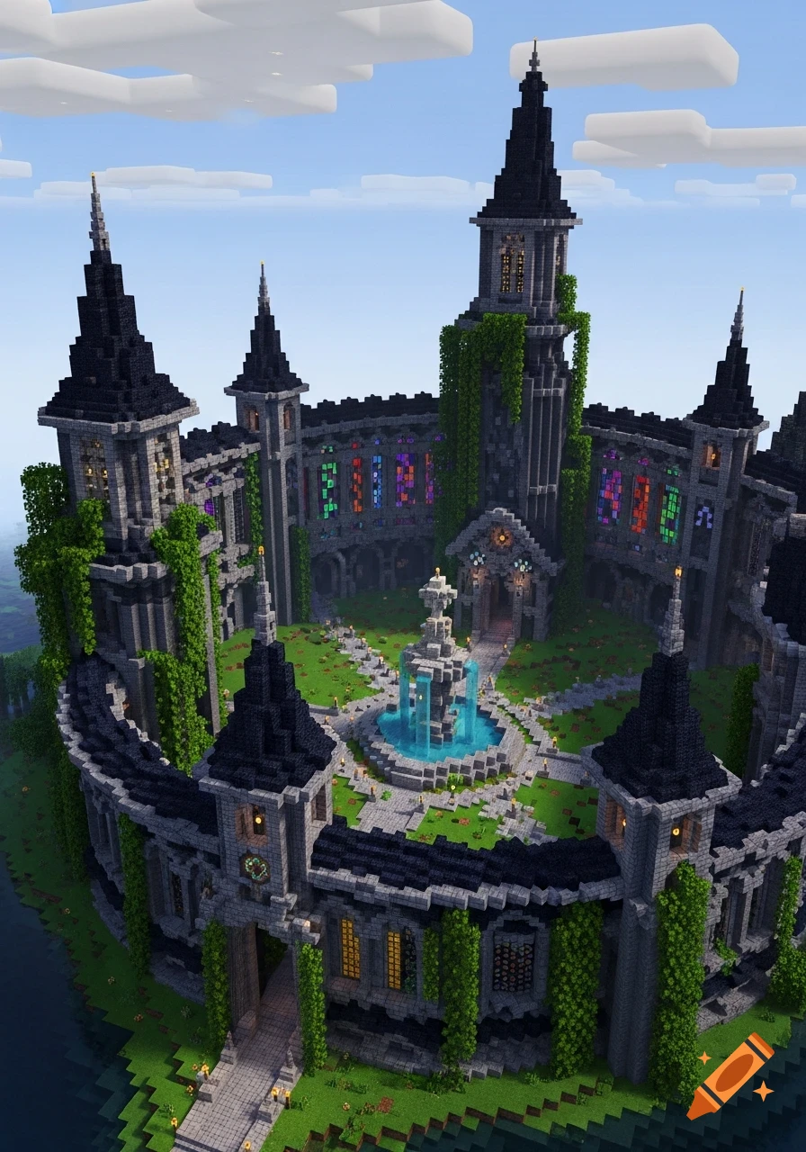 Detailed circular Minecraft castle with gothic towers, stained glass ...