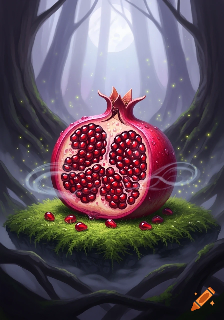 A half-cut pomegranate with glowing seeds and misty trails rests on a ...