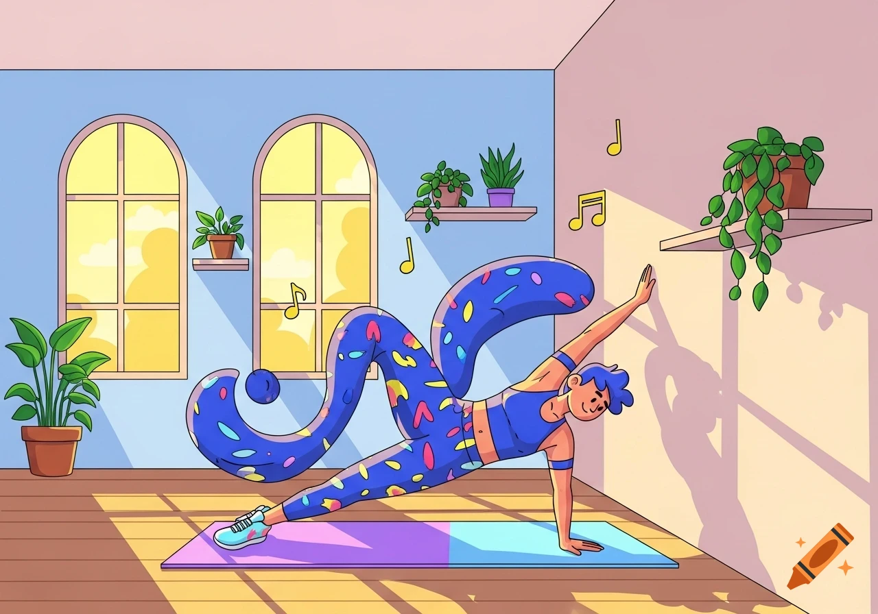 Colorful cartoon of a person doing a side plank in a bright room, with ...
