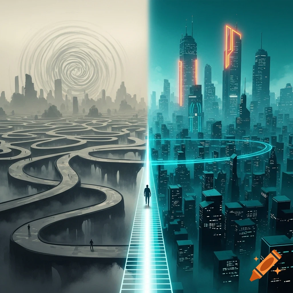 A divided image featuring a chaotic, maze-like gray city on one side ...