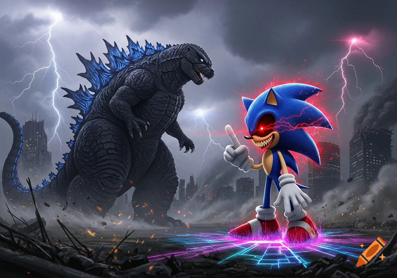 Godzilla and a menacing Sonic.EXE stand ready for battle in a lightning ...