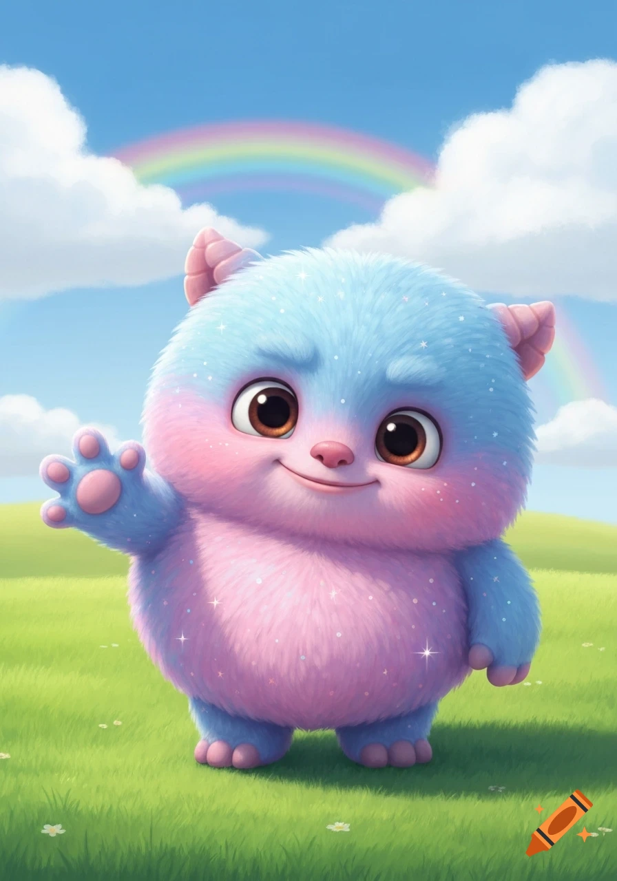 A fluffy, pastel blue and pink cartoon monster with big eyes waves in a ...