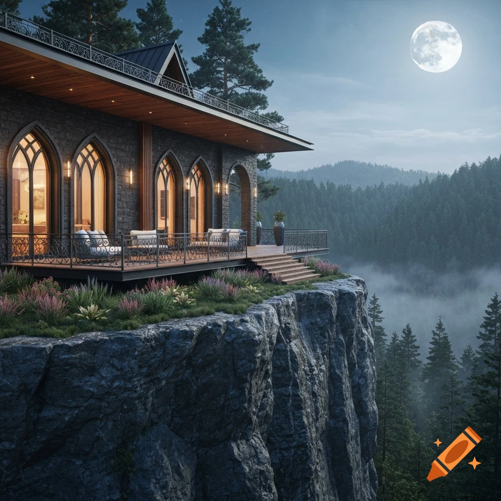 A gothic house with arched windows and a terrace, perched on a cliff ...