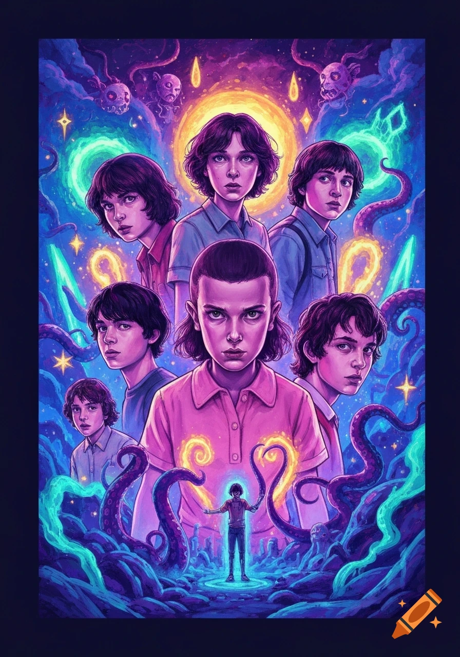 A vibrant fantasy illustration poster of Stranger Things characters ...