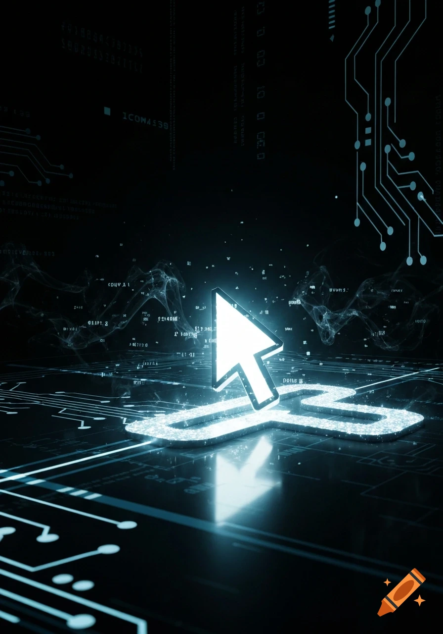 A glowing white mouse cursor hovers over a sparkling digital key symbol ...