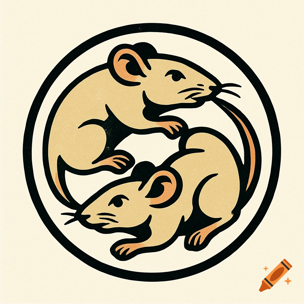 Stylized circular emblem featuring two mirrored beige mice with bold ...