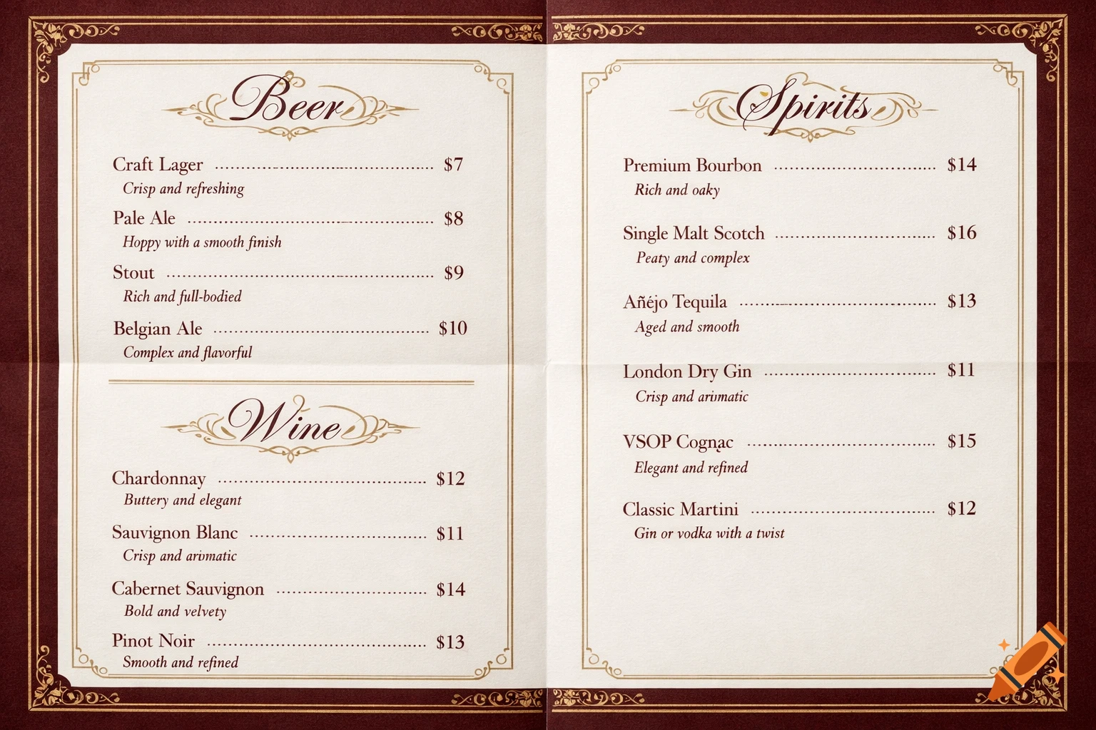 A vintage-style bar menu with sections for Beer, Wine, and Spirits ...