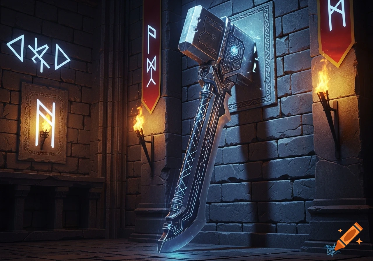 A glowing blue hammer-sword stands in a dark stone dungeon with fiery ...