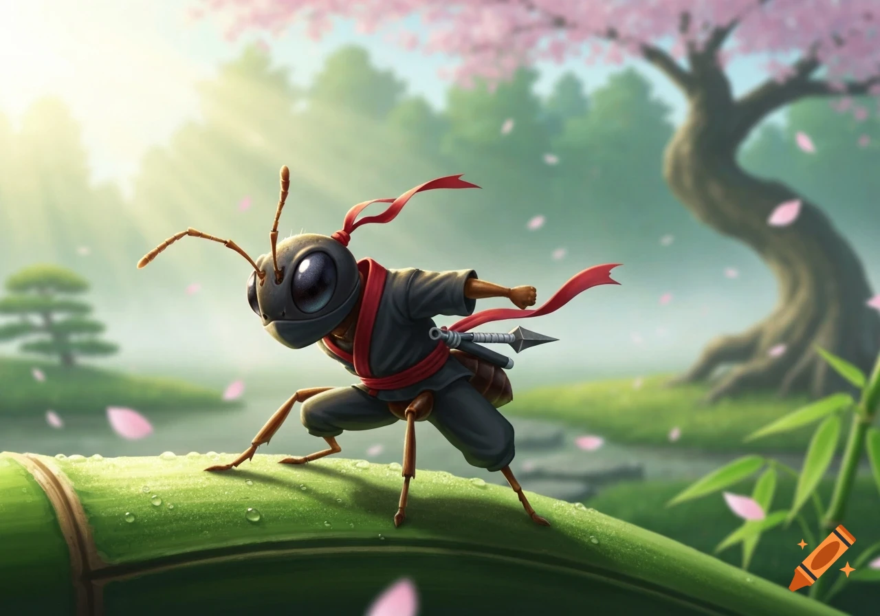 A cartoon ant dressed as a ninja, holding a shuriken, crouches on a ...