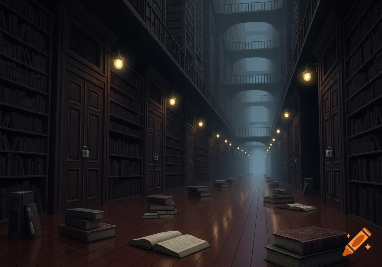 A dark, eerie library with towering bookshelves, scattered old books on ...