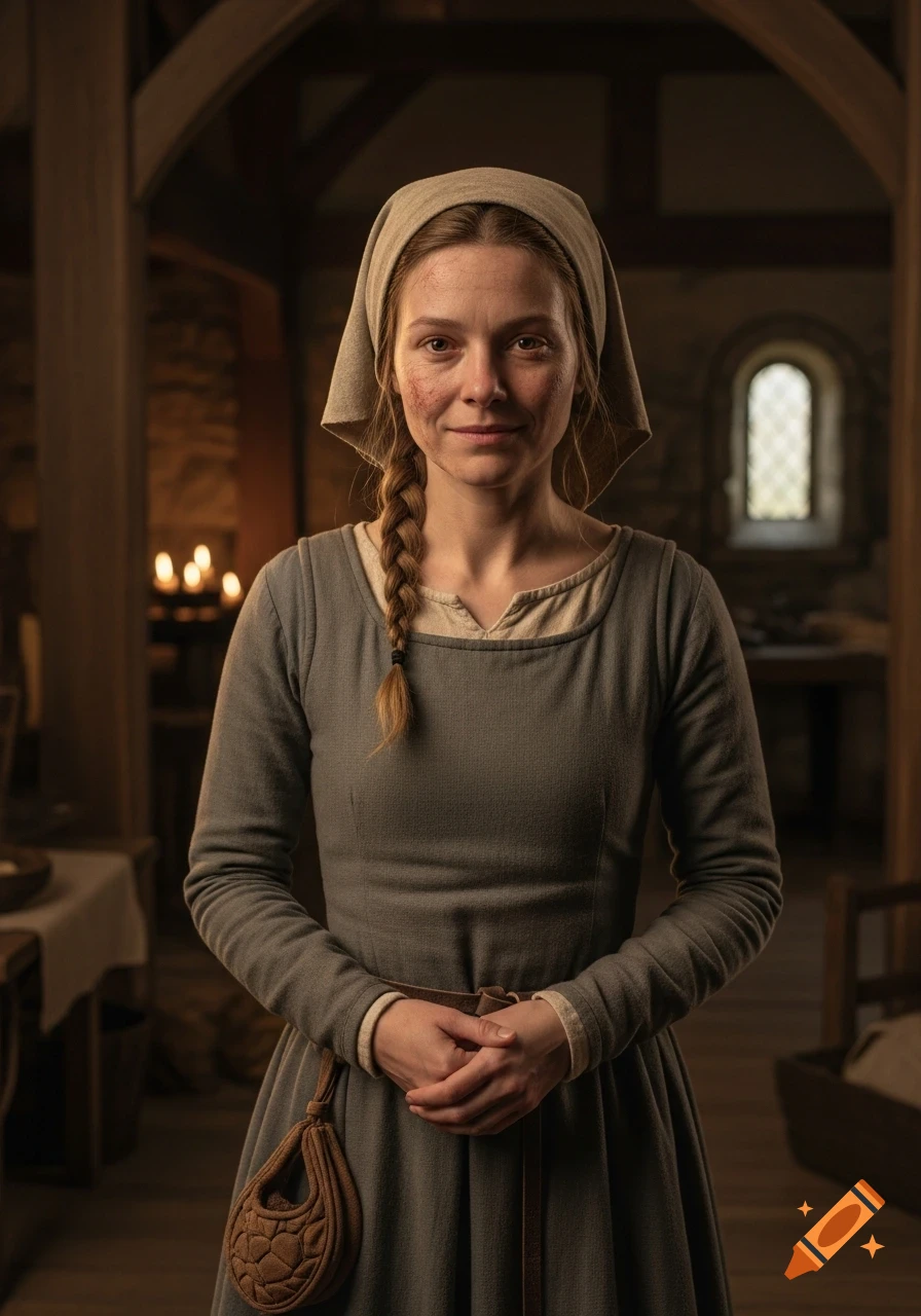 A woman with light brown braided hair, wearing a modest grey medieval ...