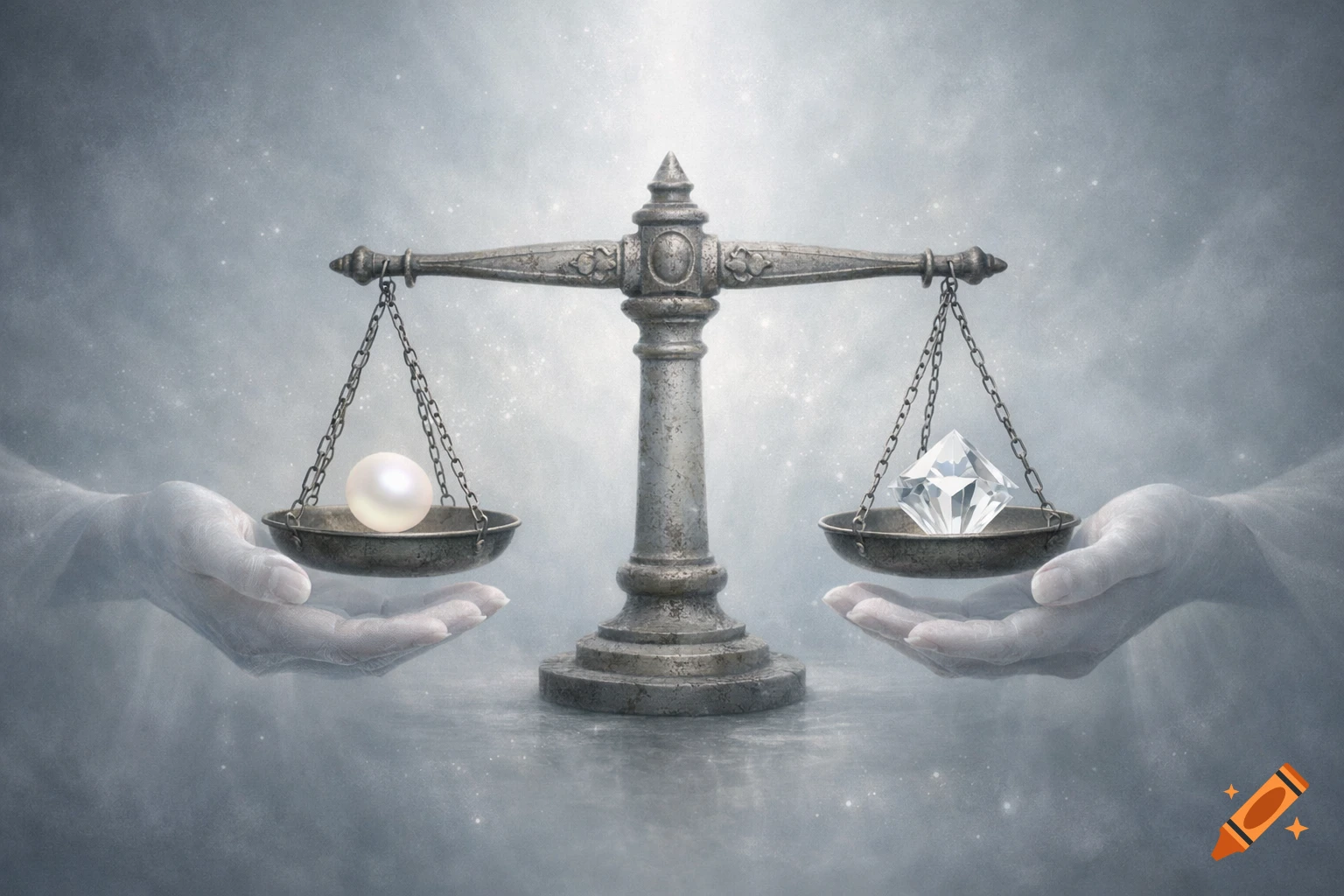 A balance scale holds a glowing pearl on one side and a faceted diamond ...