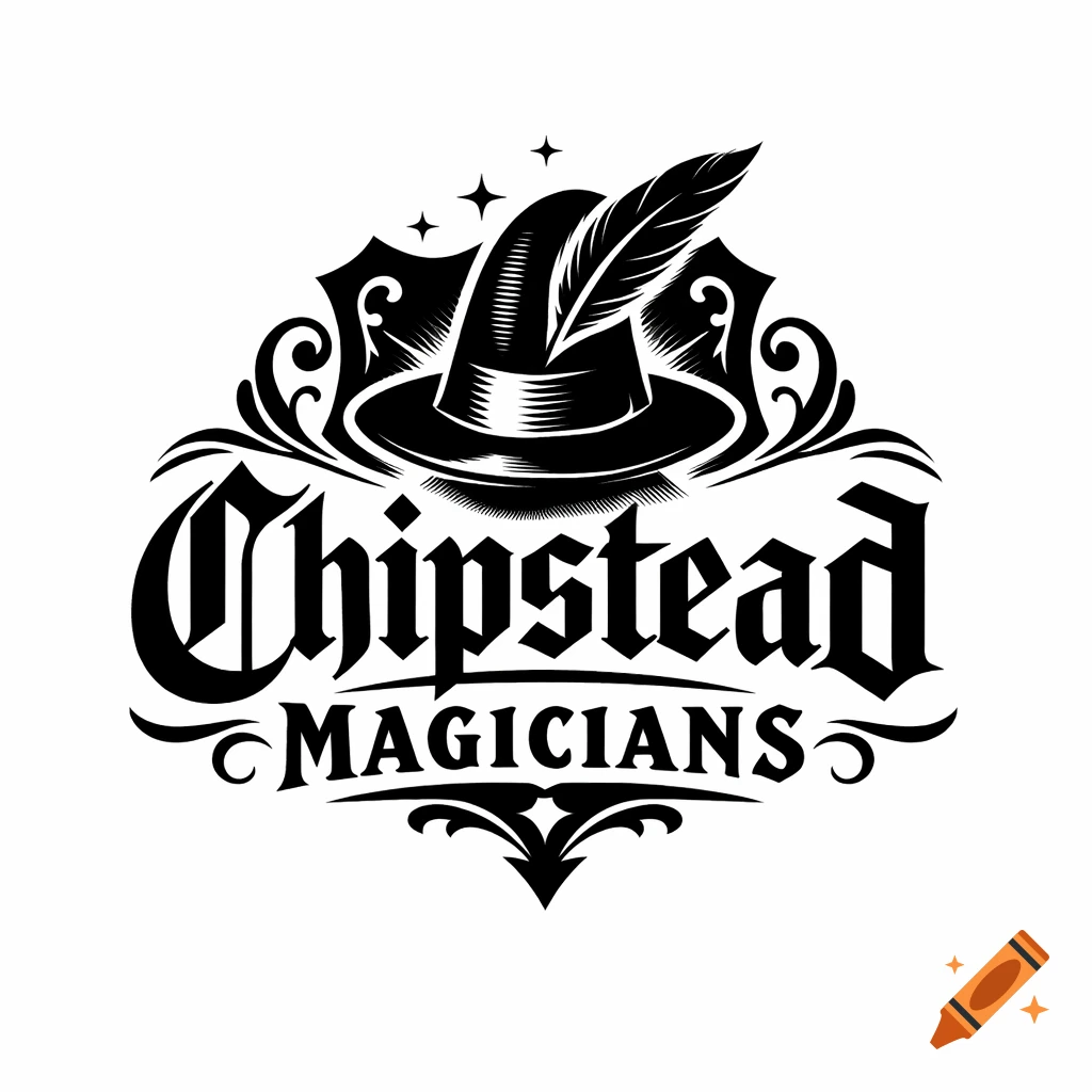 Black and white medieval-style logo with a magician's hat, feather ...