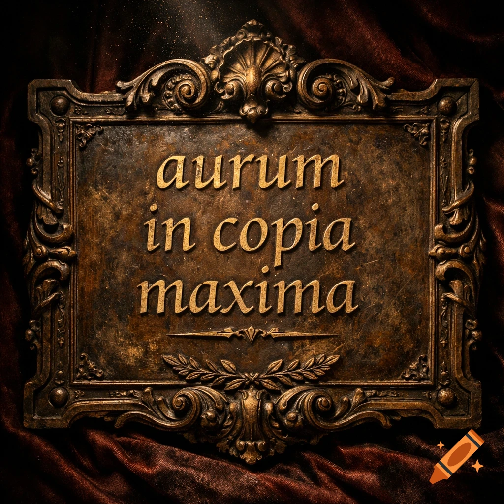 An ornate, textured bronze plaque with 'aurum in copia maxima' in gold ...