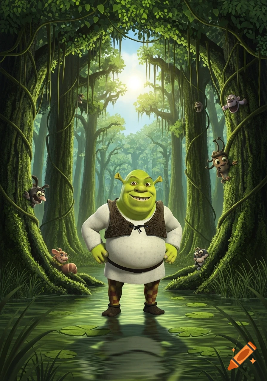 Shrek stands smiling in a vibrant, sunlit swamp forest with small ...