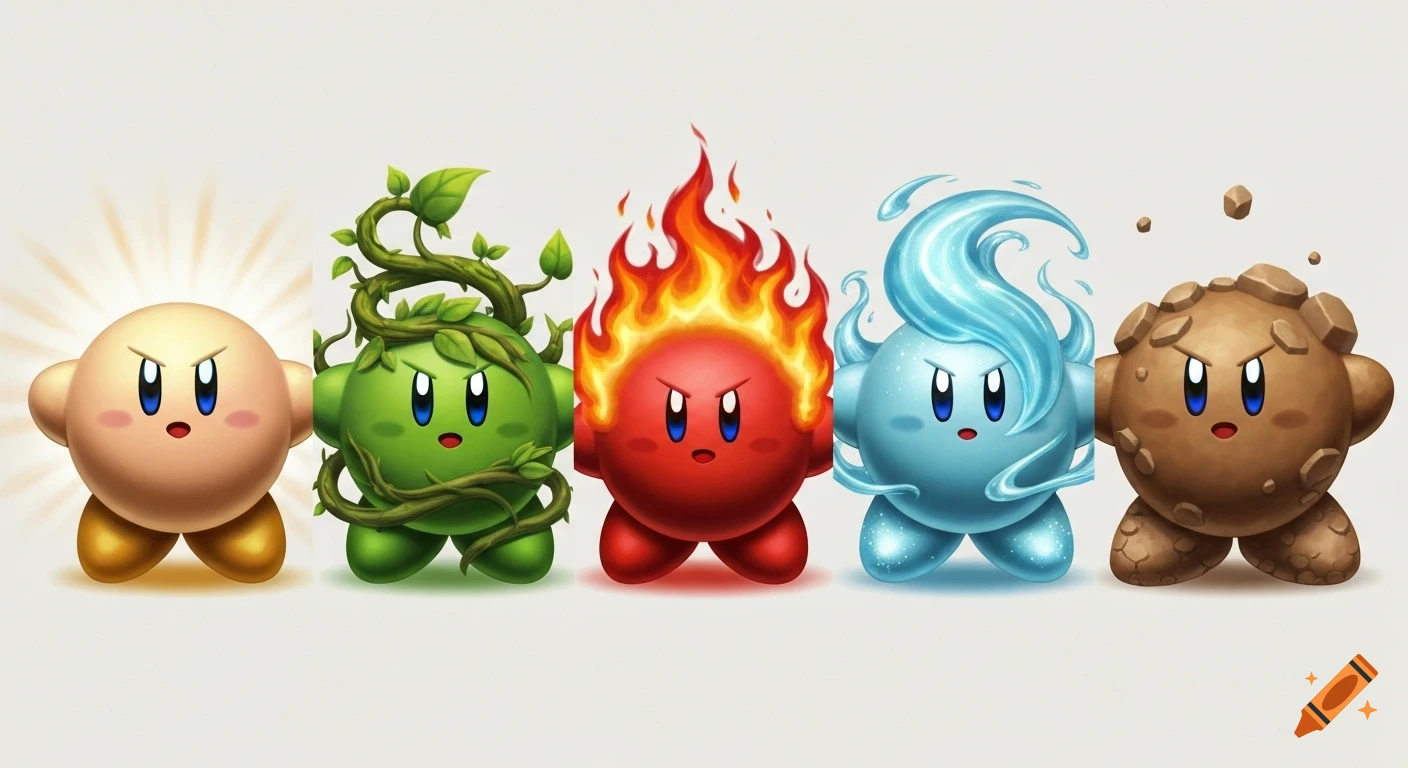 Five elemental Kirby characters line up, featuring gold light, green ...