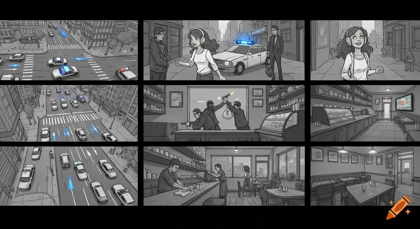 A black and white storyboard featuring multiple panels depicting a city ...