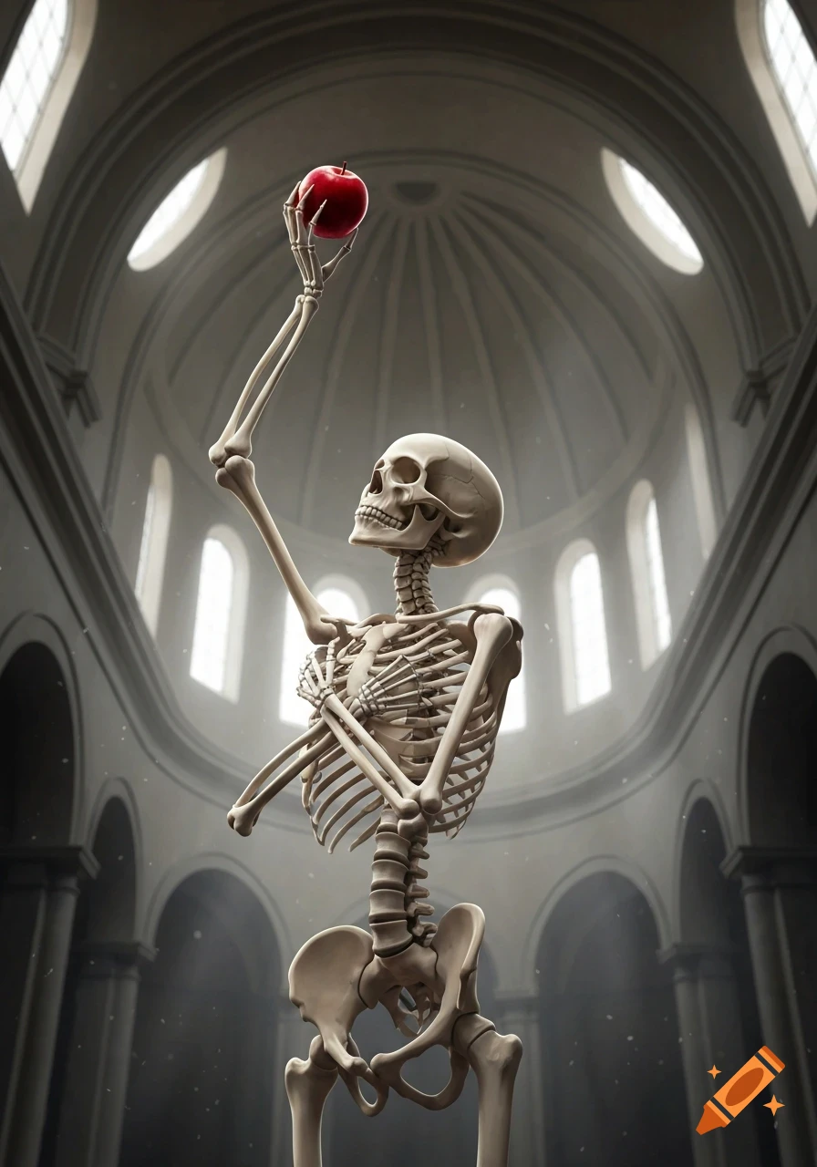 A realistic painting of a skeleton holding a red apple high above its ...