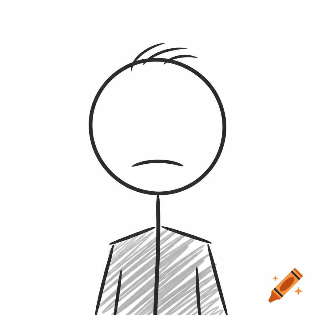 A black and white stick figure with a circular head, spiky hair, a ...