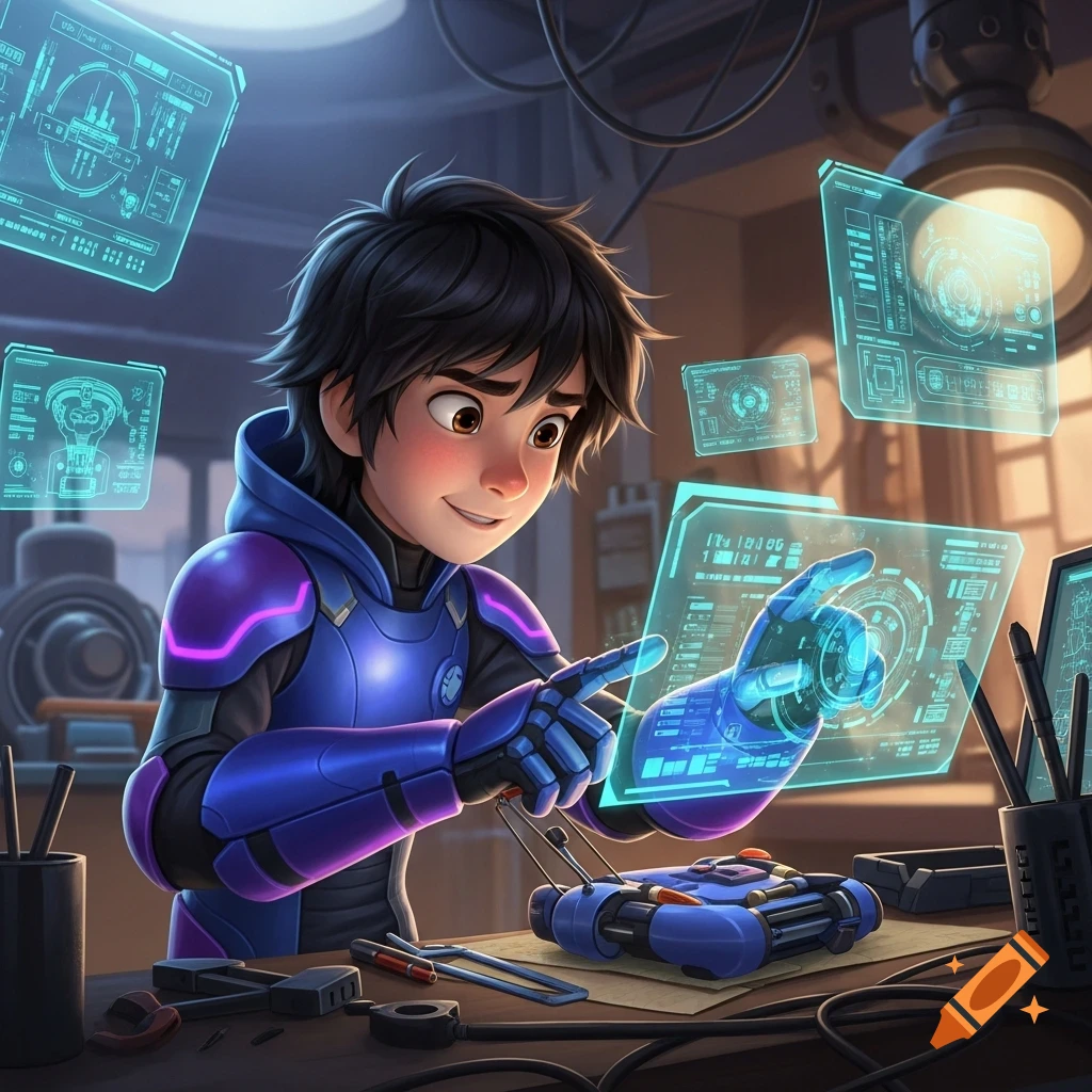 Hiro Hamada from Big Hero 6 works on a blue device with glowing ...