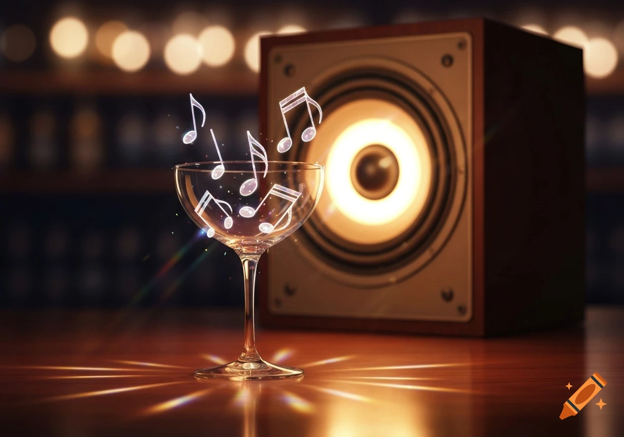 Musical notes float from a cocktail glass, with a glowing speaker in ...