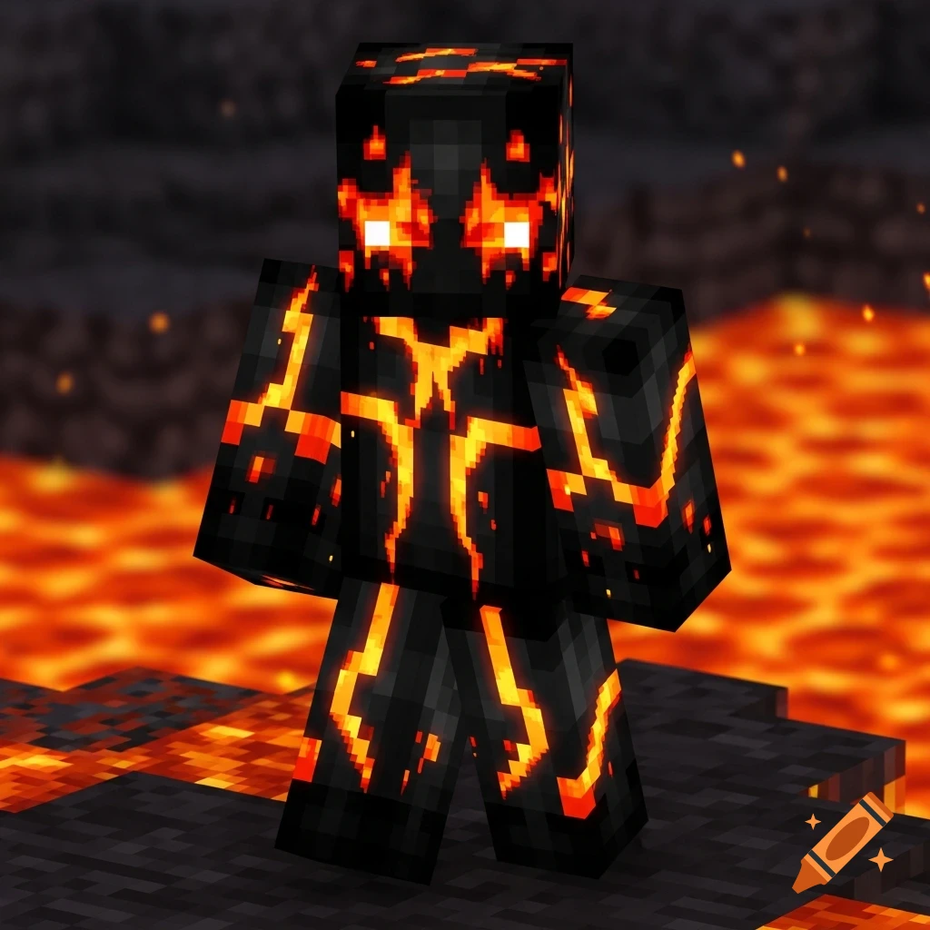 A pixelated Minecraft character skin of a figure made of black obsidian ...