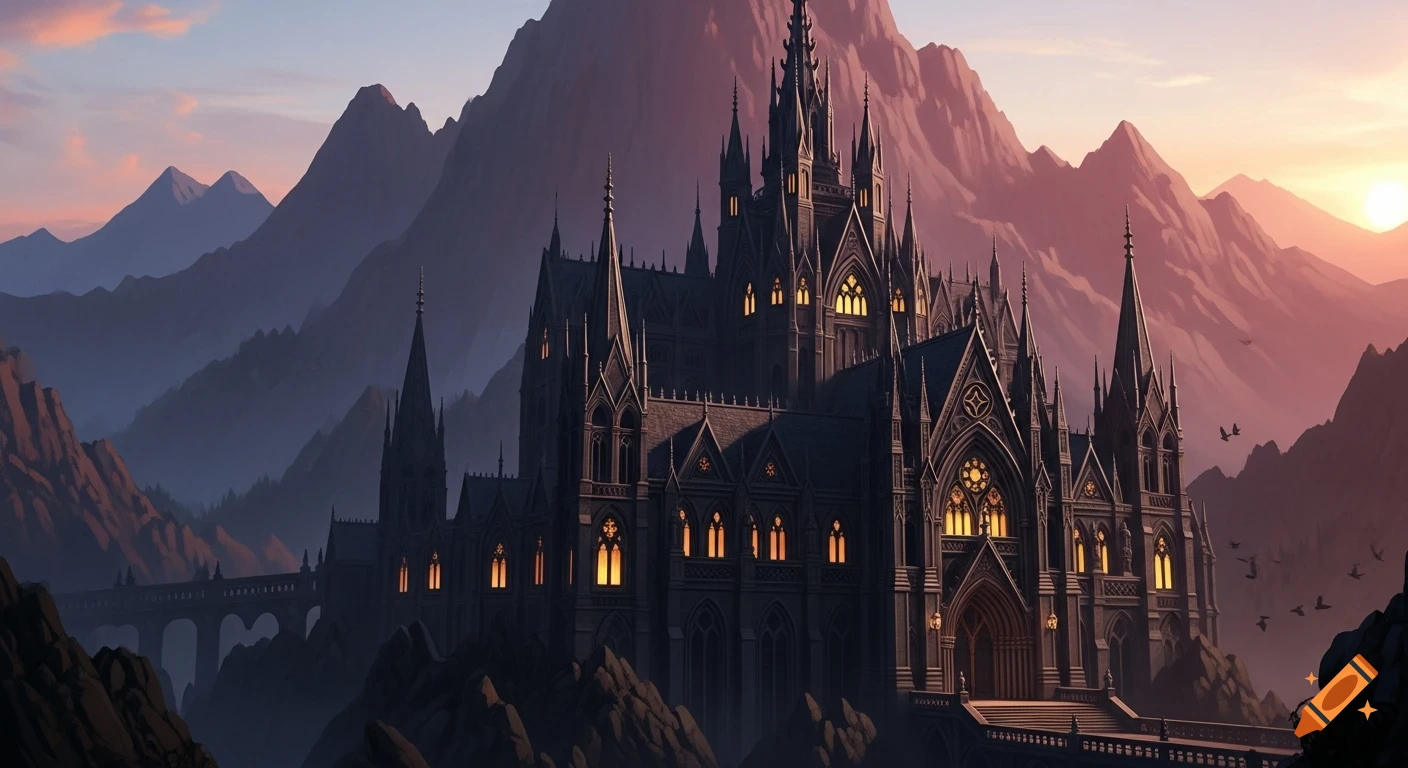 A grand, dark Gothic fortress with glowing windows sits among rocky ...