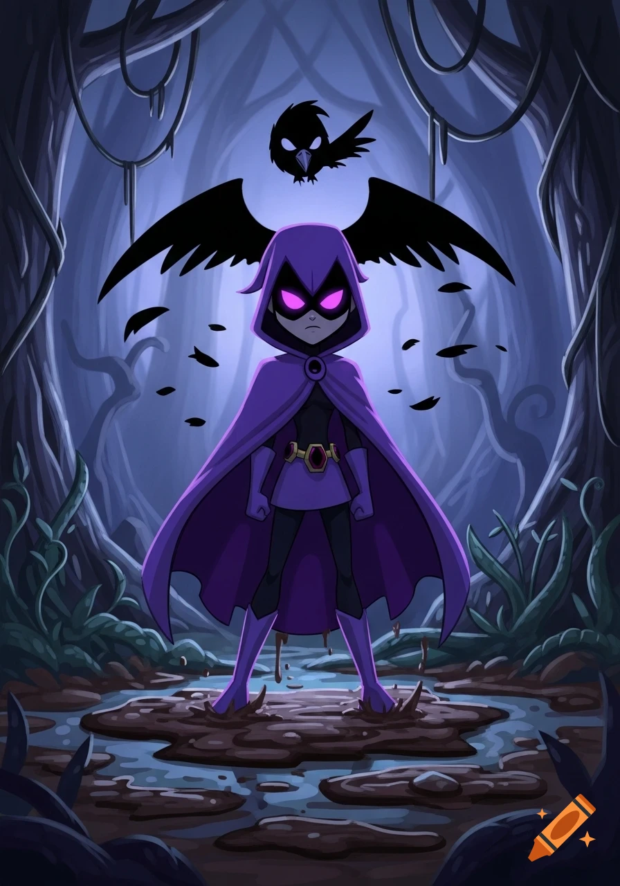 Cartoon Raven from Teen Titans Go stands in a muddy, dark swamp, with a ...