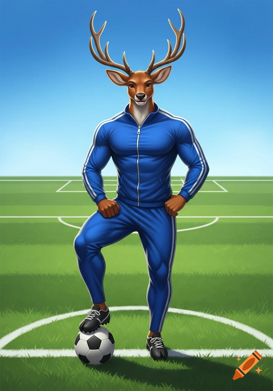 An athletic anthropomorphic deer in a blue tracksuit poses with a ...
