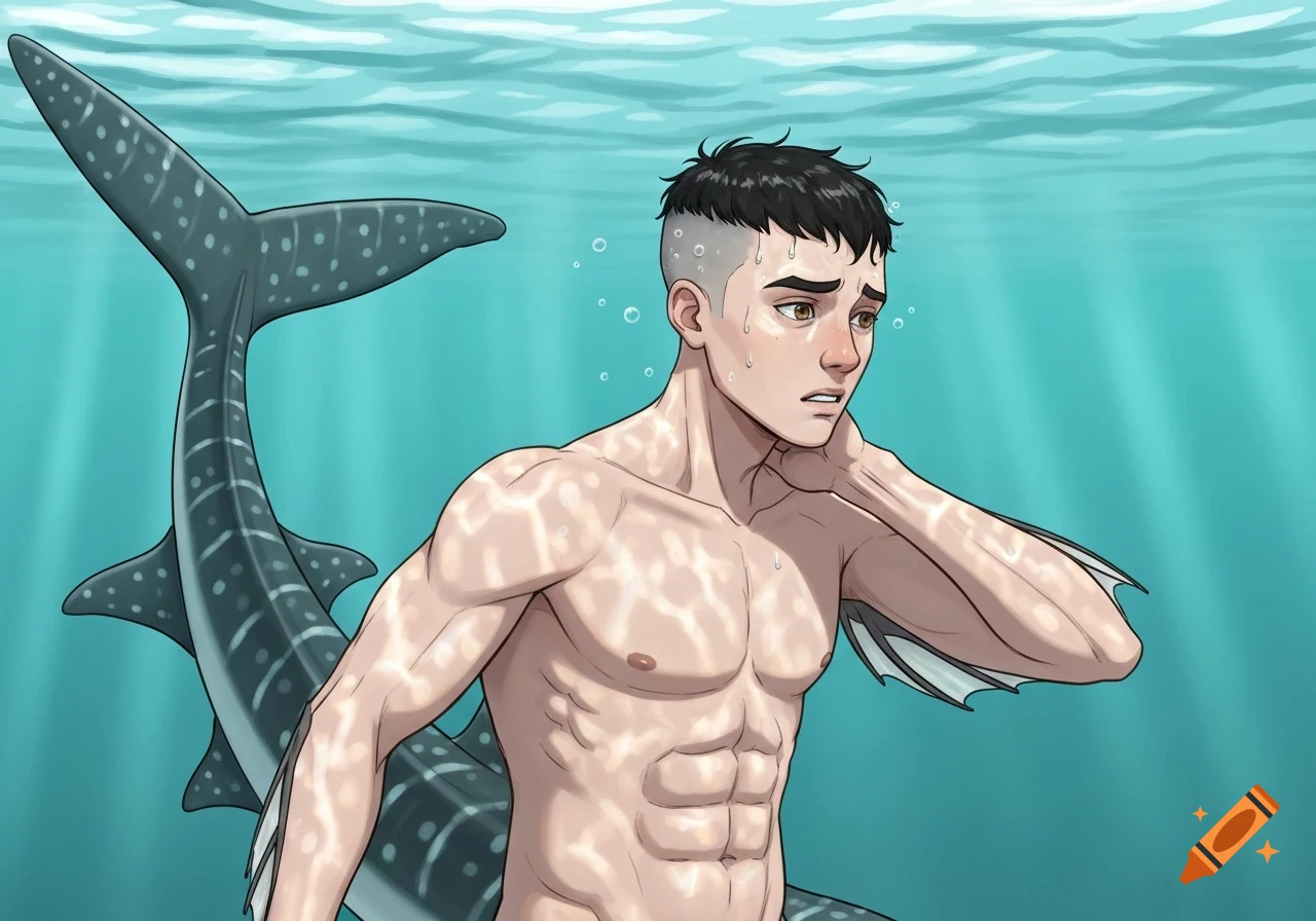 A muscular man with a whale shark tail and arm fins looks uneasy while ...