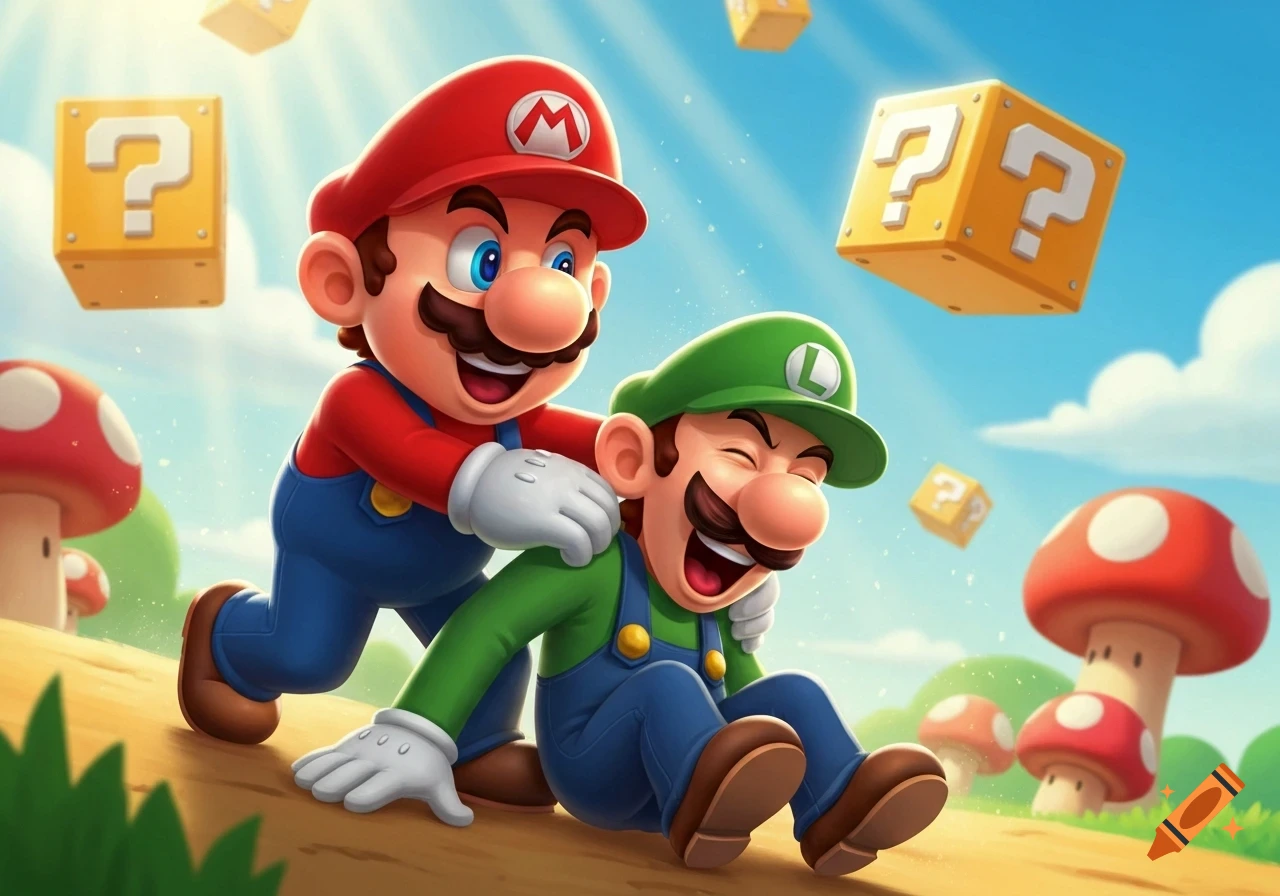 Cartoon Mario tickles a laughing Luigi in a vibrant Super Mario Bros ...