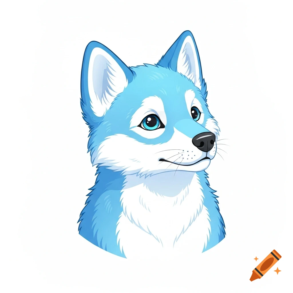 A cute cartoon anthropomorphic wolf puppy with light blue and cyan blue ...