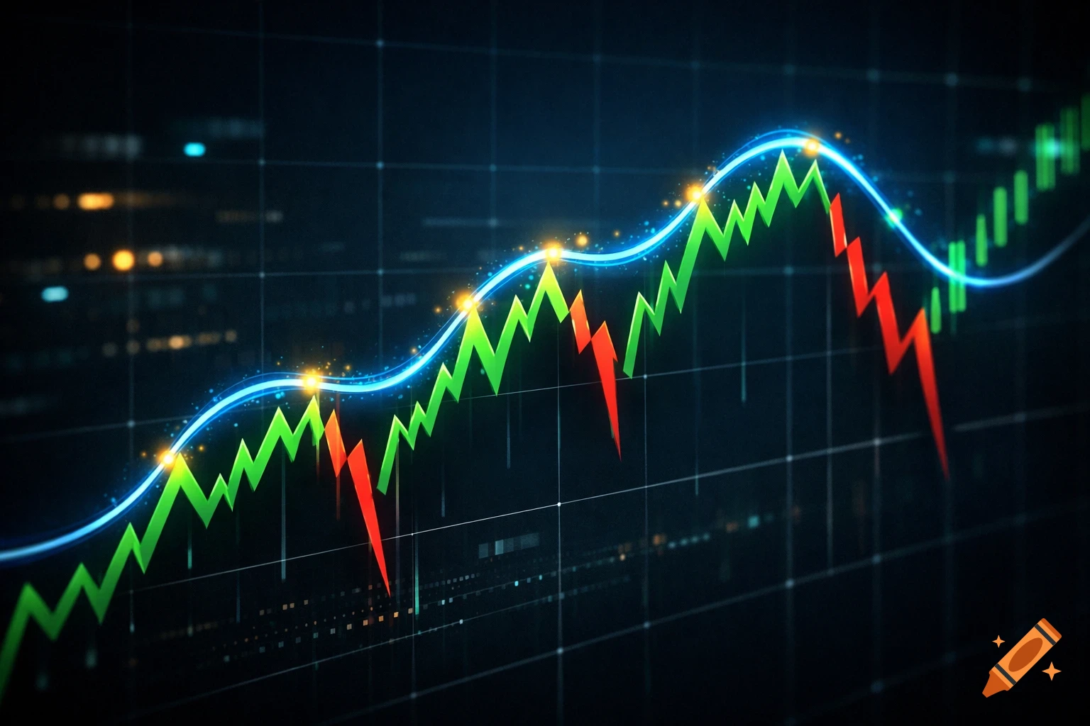 A glowing blue line graph with green and red spikes on a dark grid ...