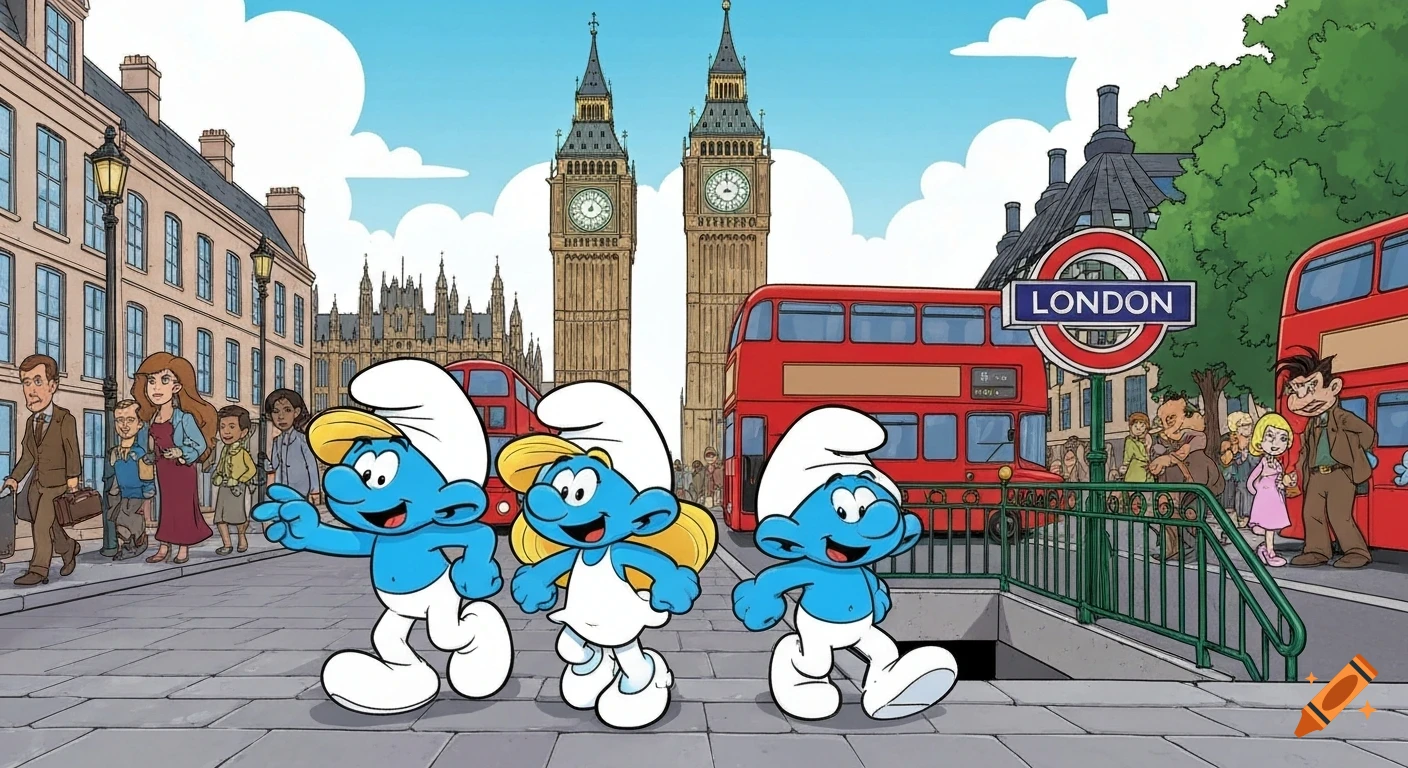 The Smurfs, including Smurfette and Papa Smurf, walk on a London street ...